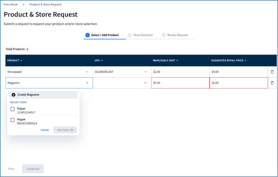 Where can I review my stores and manage the products they carry?